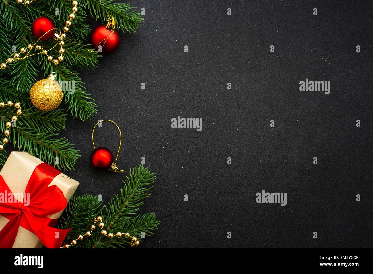 Christmas flat lay background. Present box, fir tree and holiday ...