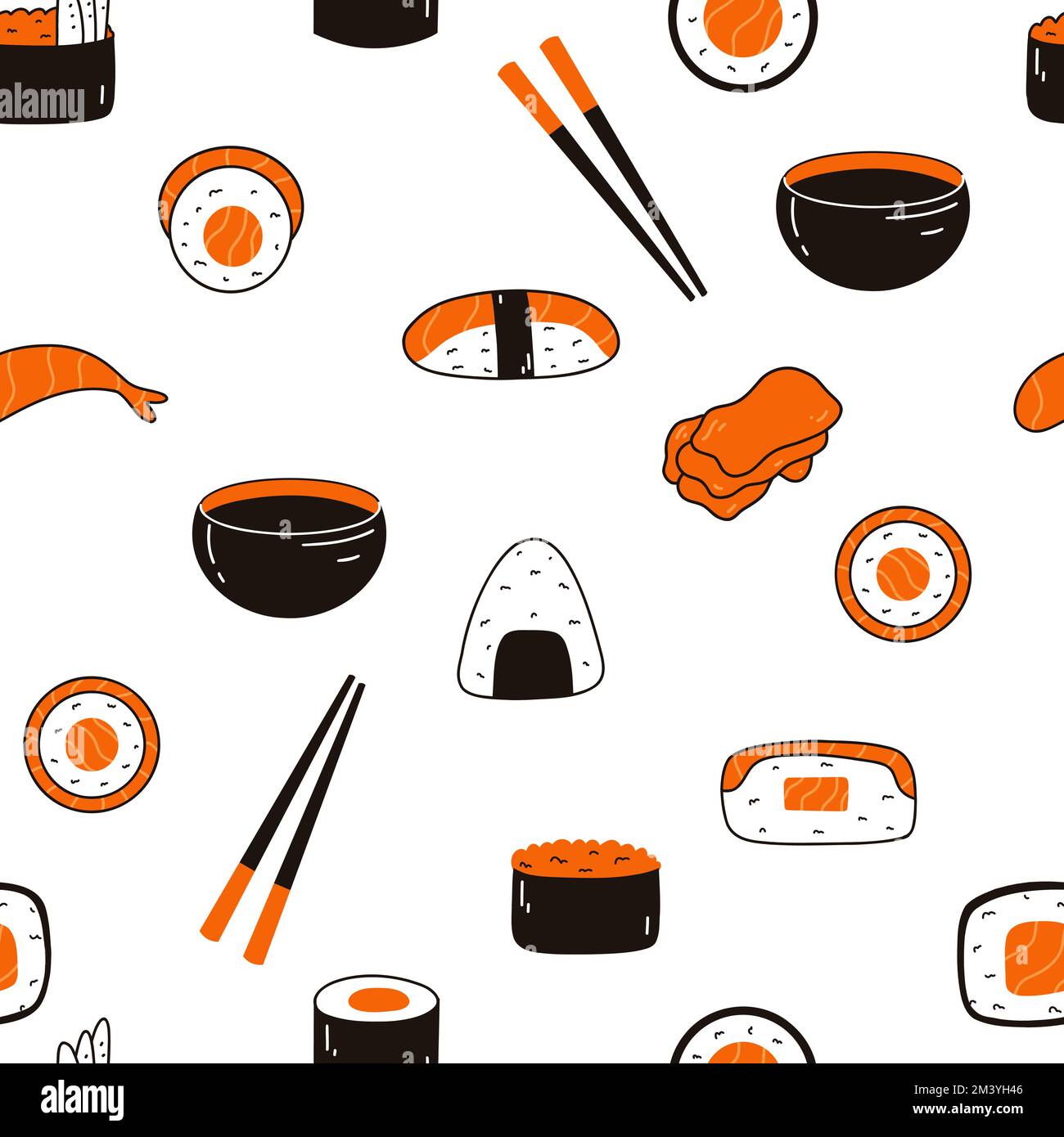 Seamless pattern with sushi, soy sauce, ginger and chopsticks. Hand ...