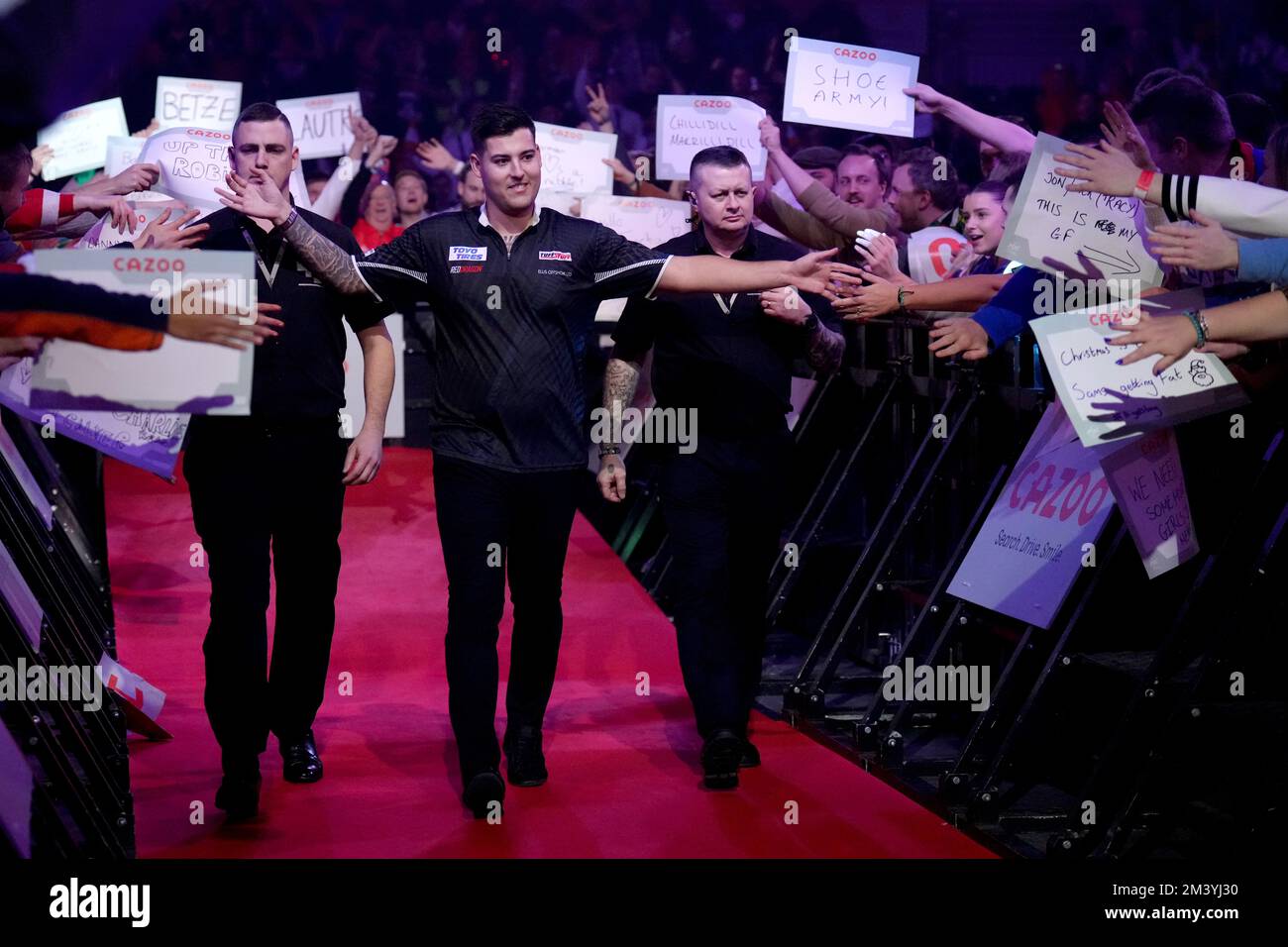 Ryan Meikle during his walk on before his match against Lisa Ashton ...
