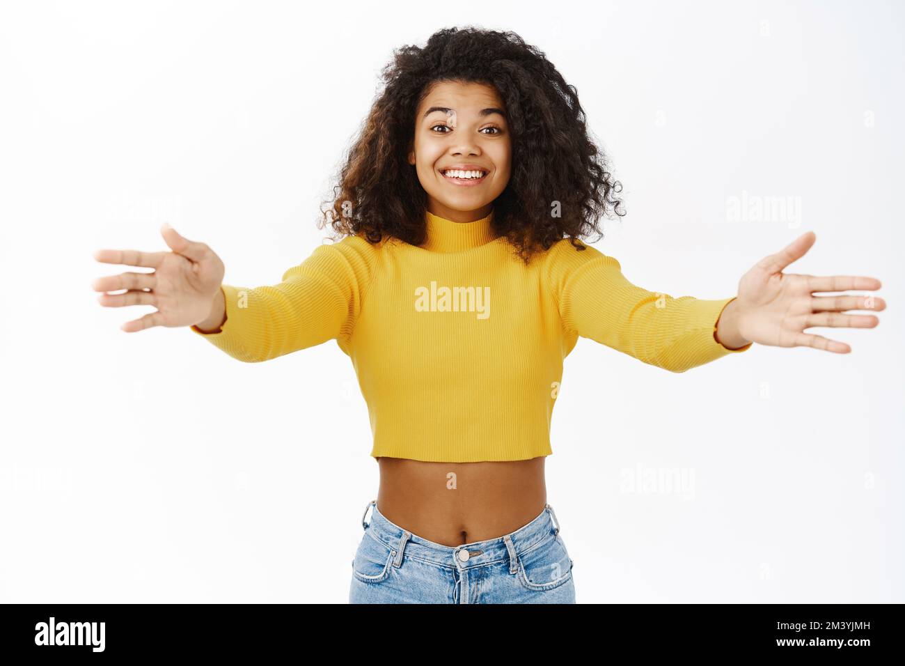 Smiling african woman reaching hands and hugging, cuddle, receive ...