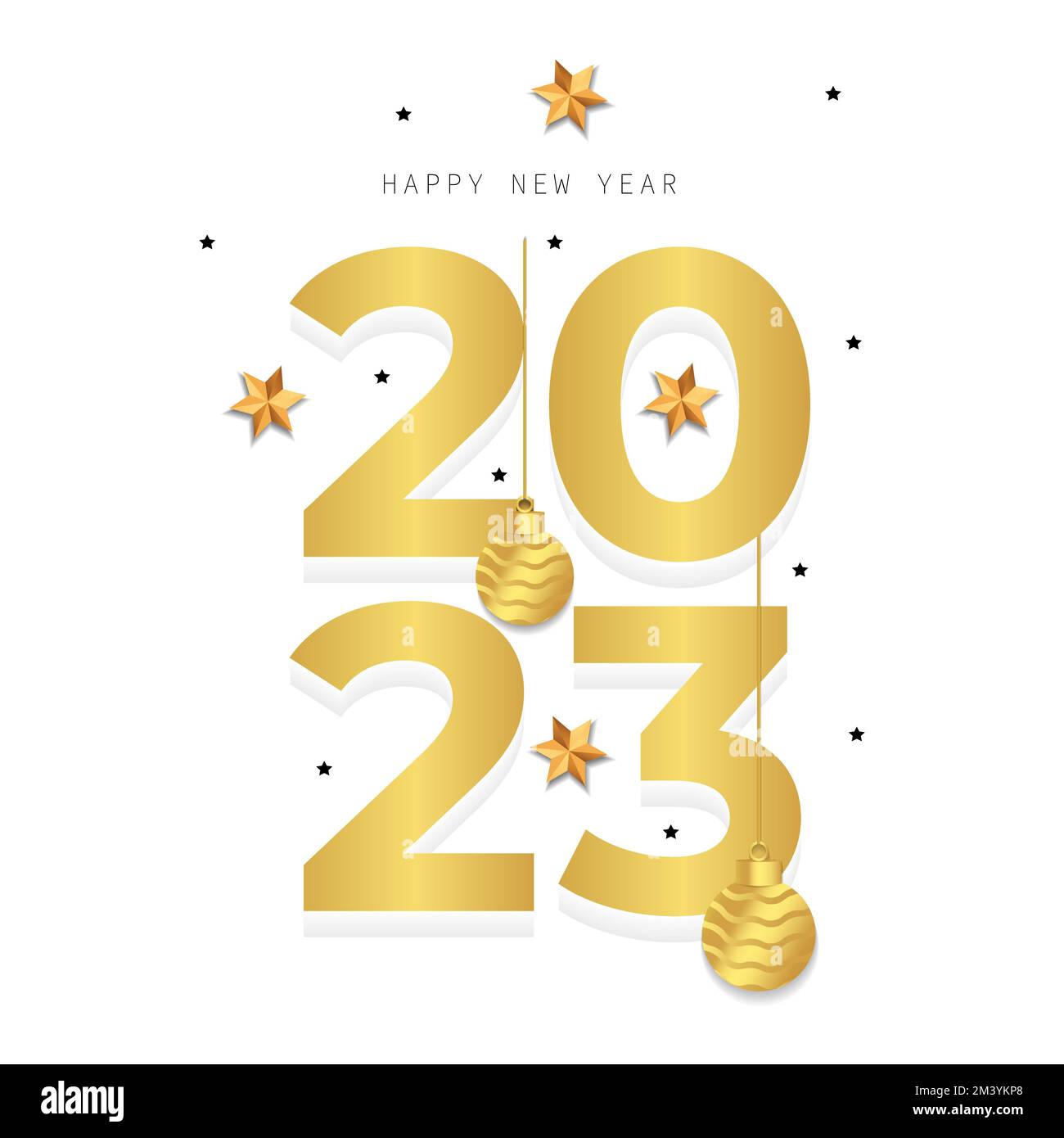 2023 Happy New Year Greeting Card Design. 2023 gold text, hanging ...
