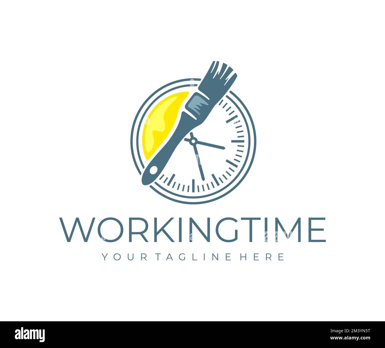 Can with paint and brush, clock with arrows, work and working time ...