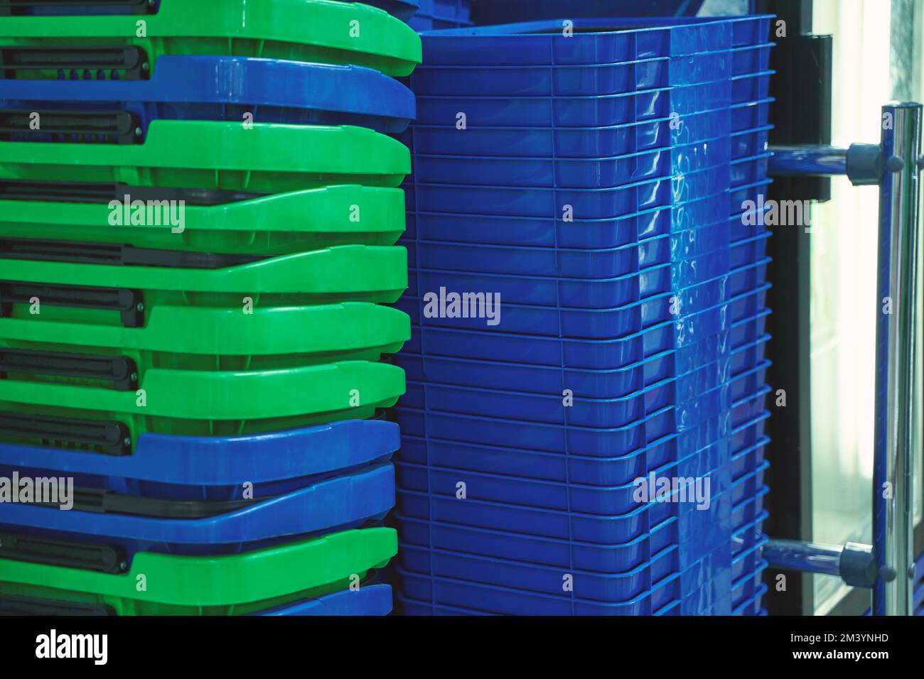 Many same shop basket. Retail consumer carts. Empty parking store mall ...