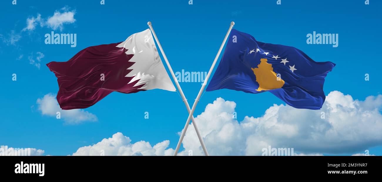 two crossed flags Kosovo and Qatar waving in wind at cloudy sky. Concept of relationship, dialog ...
