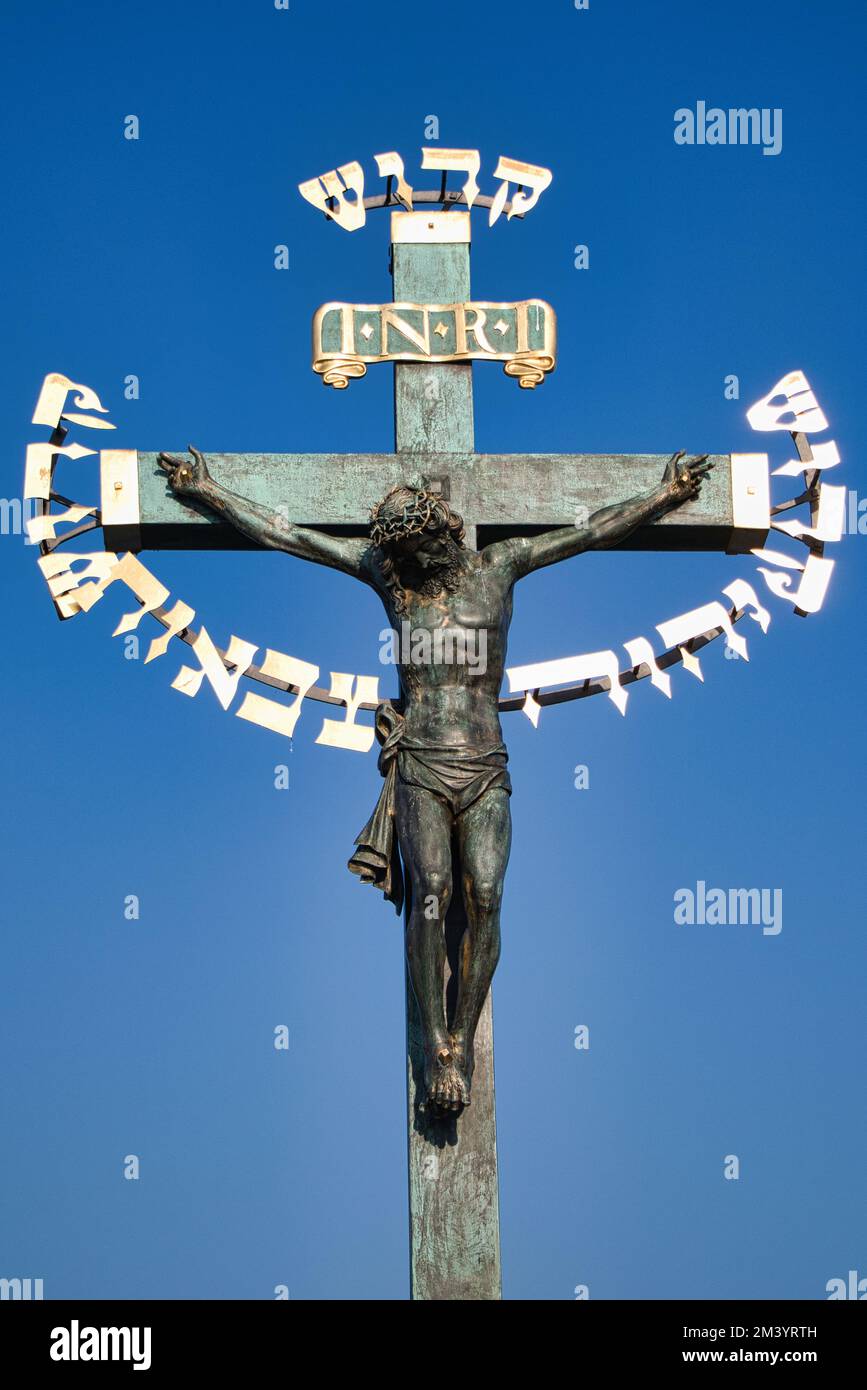 The Crucifix and Calvary on Charles bridge, Prague. Czech Republic ...