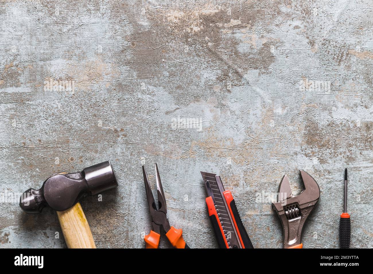 Different types worktools arranged row rusty wooden desk Stock Photo ...