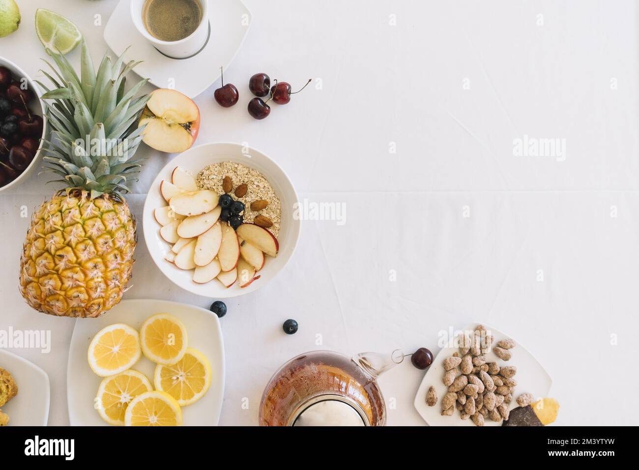 Elevated view fresh healthy breakfast white background Stock Photo - Alamy