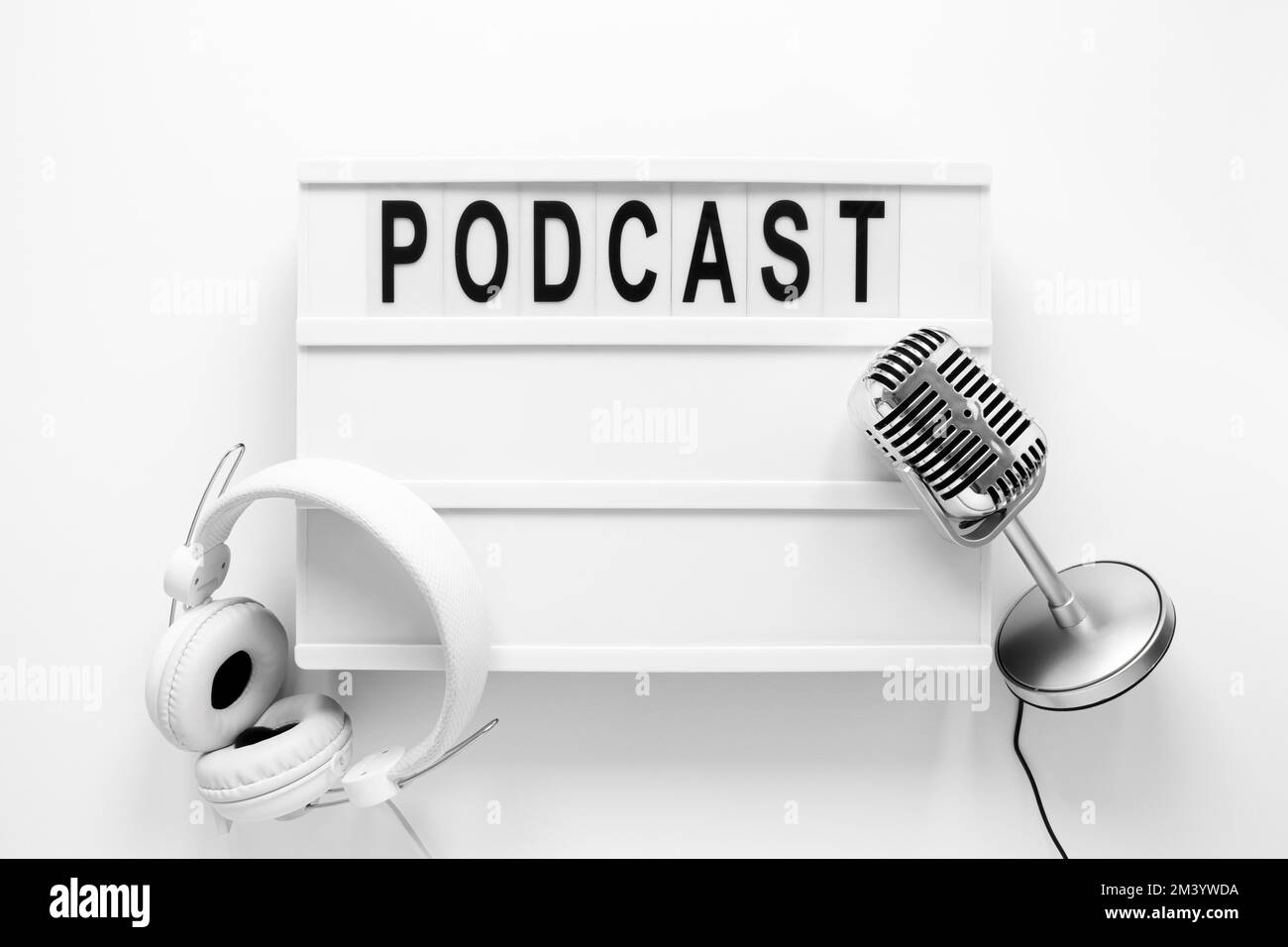 Flat lay podcast items arrangement Stock Photo - Alamy
