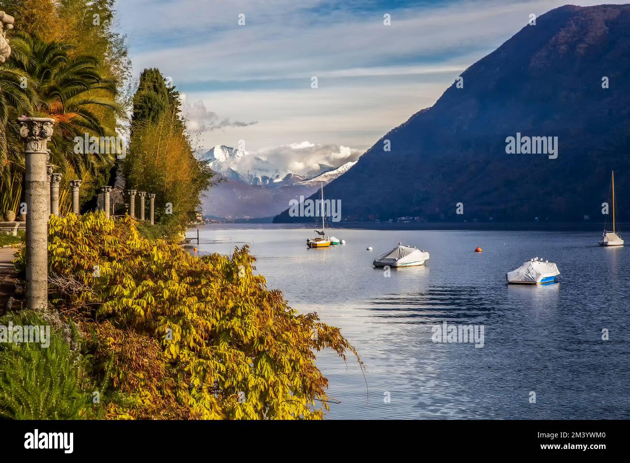 Sheltered sailboats in lake lugano - view from park Helenium with ...