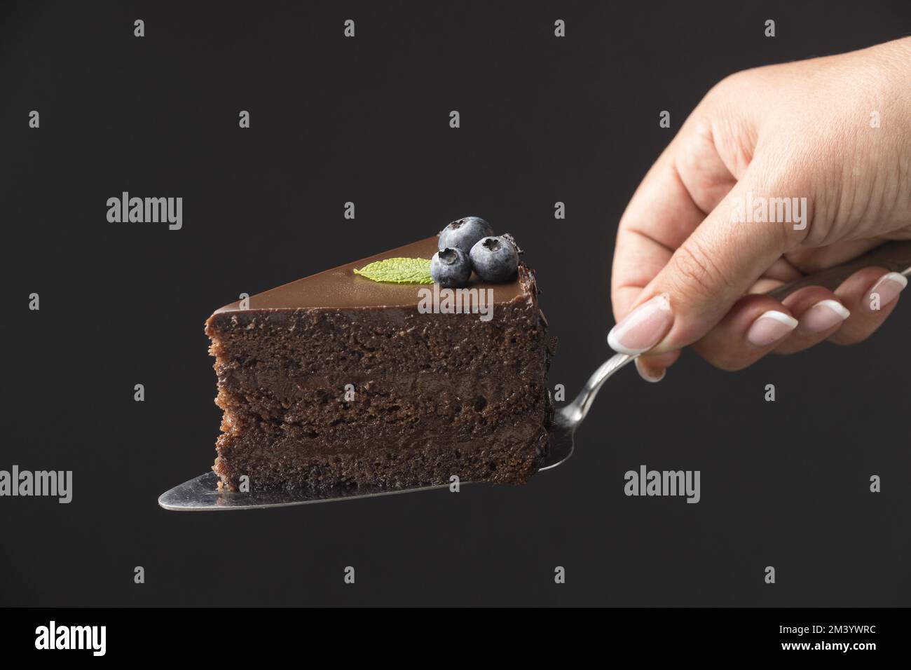 Front view hand holding chocolate cake slice Stock Photo - Alamy