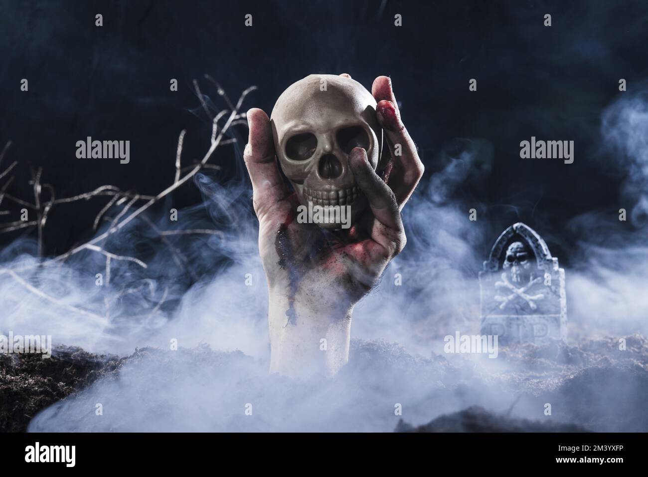 Hand sticking out ground holding skull Stock Photo - Alamy