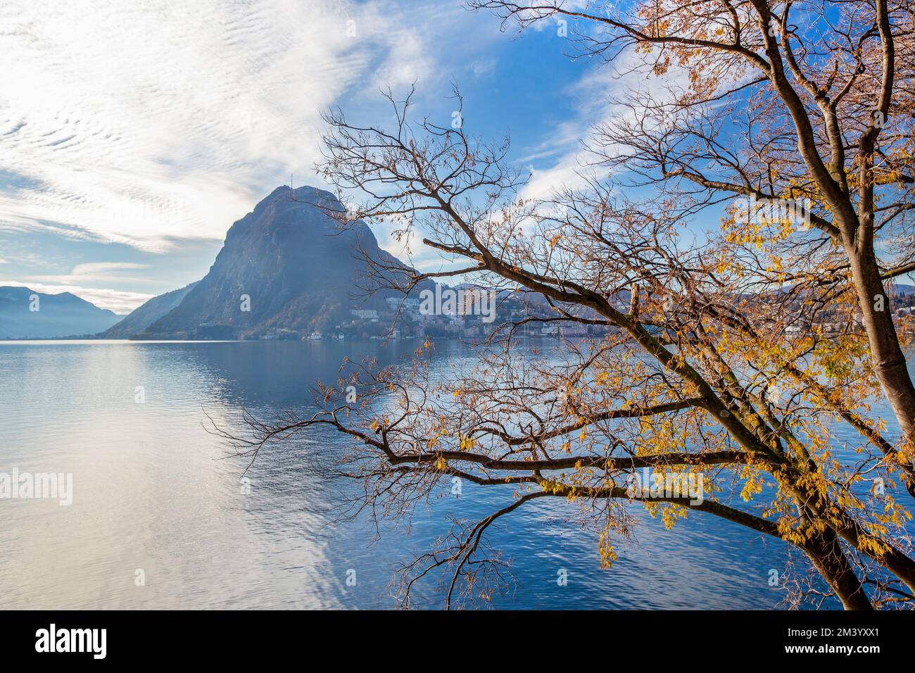 Autumn leaf color (of tree) in park Ciani in Lugano and lake Lugano and ...