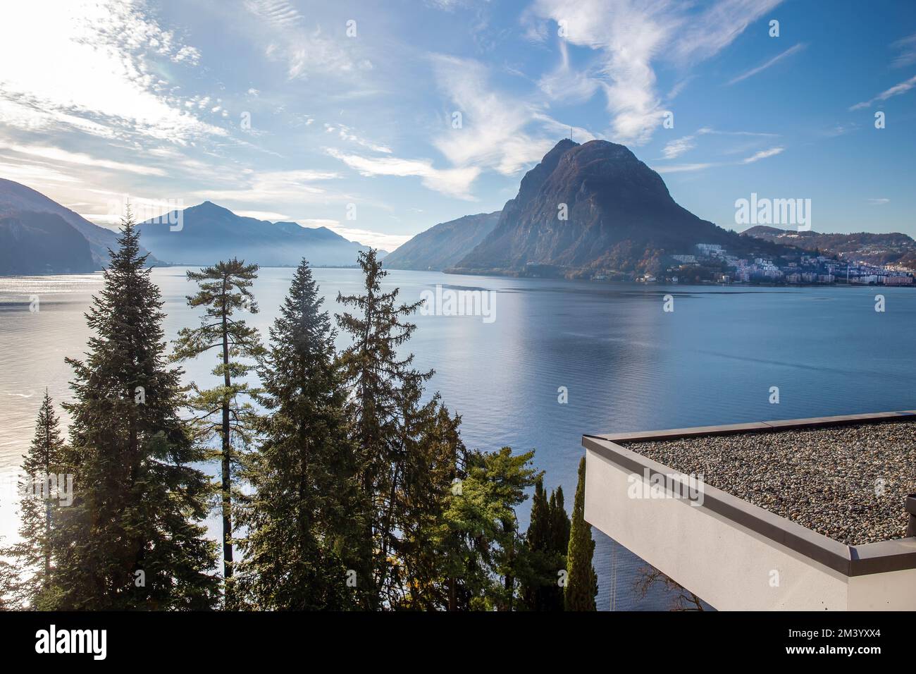 Sunny view of Lake Lugano and nice residential buildings on the shore ...