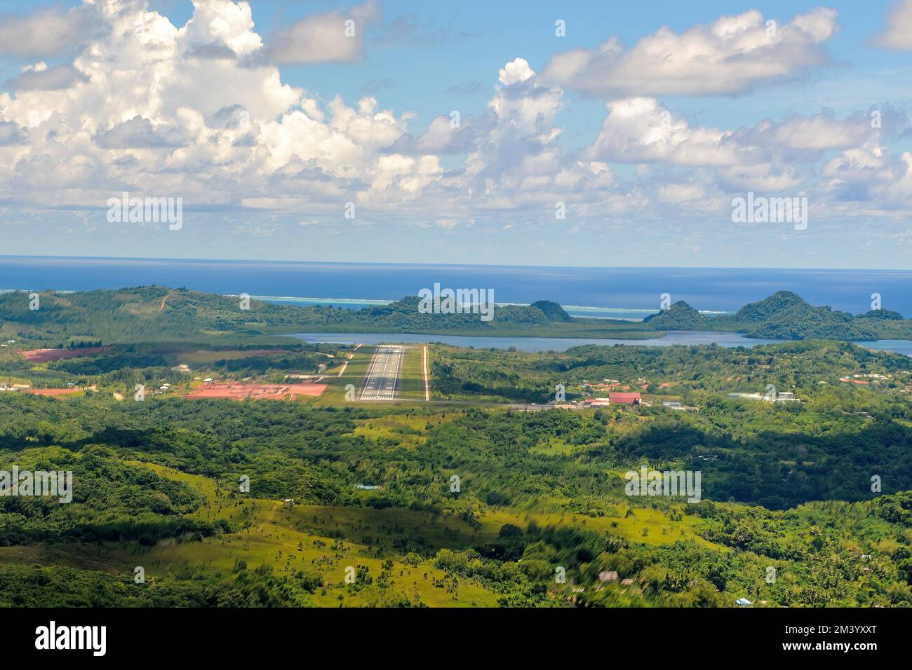 Bird's eye view of approach to runway landing strip of Palau Koror ...