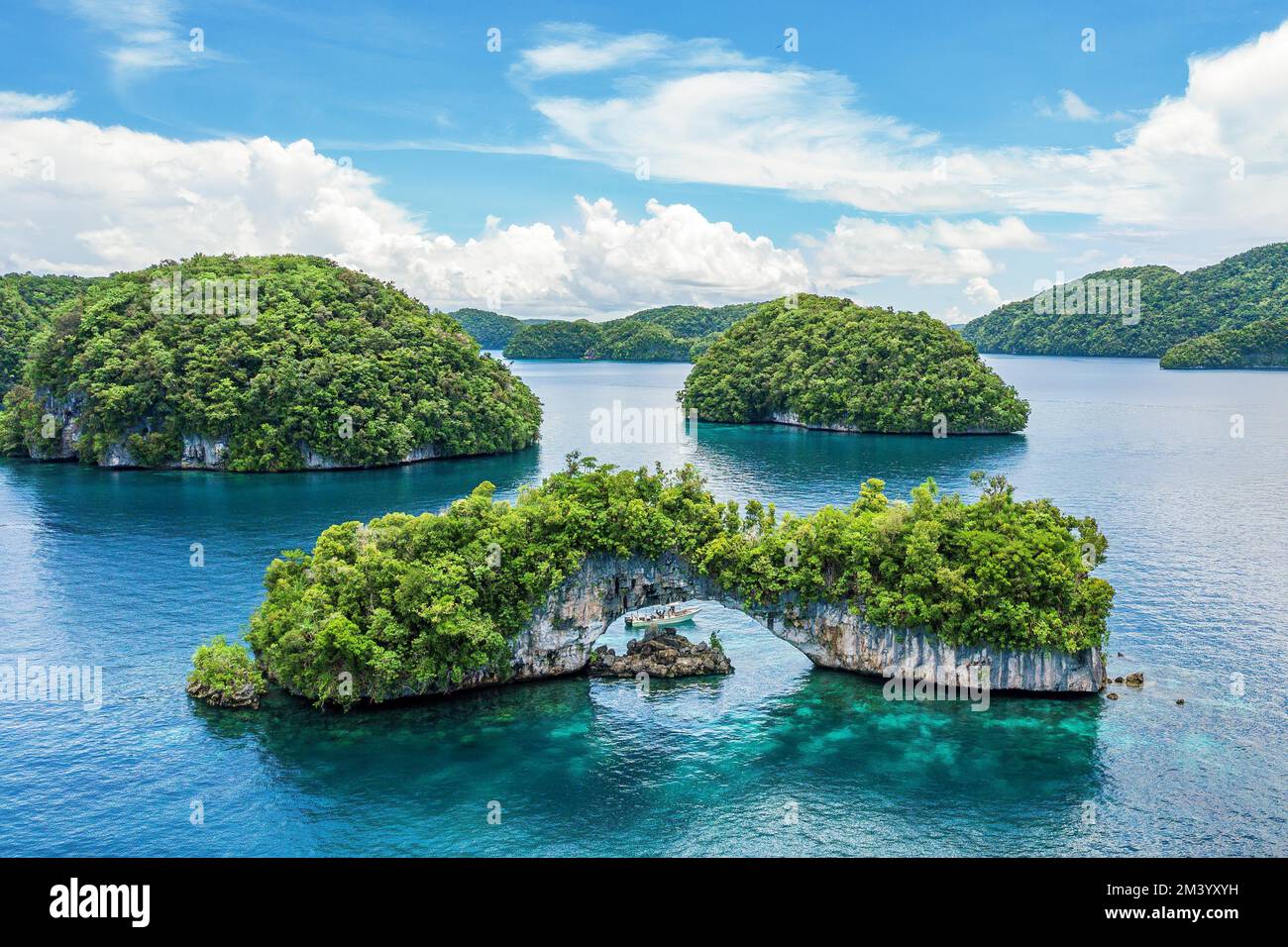 Bird's eye view of rock arch in Palau lagoon, Pacific Ocean, Republic ...