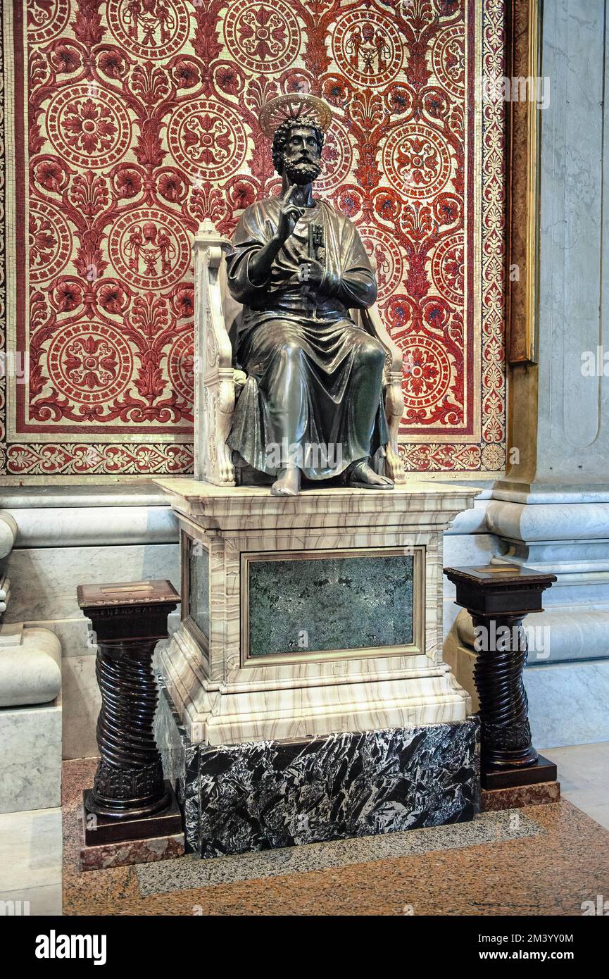 Statue of Saint Peter Bronze statue of Saint Peter with halo on marble ...
