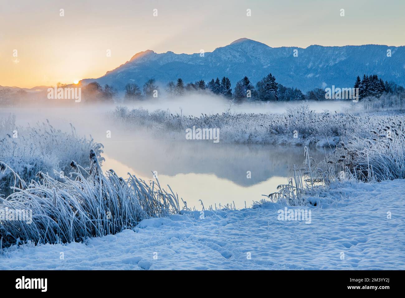 Snowy winter landscape with the Uffinger Ach at sunrise with ...