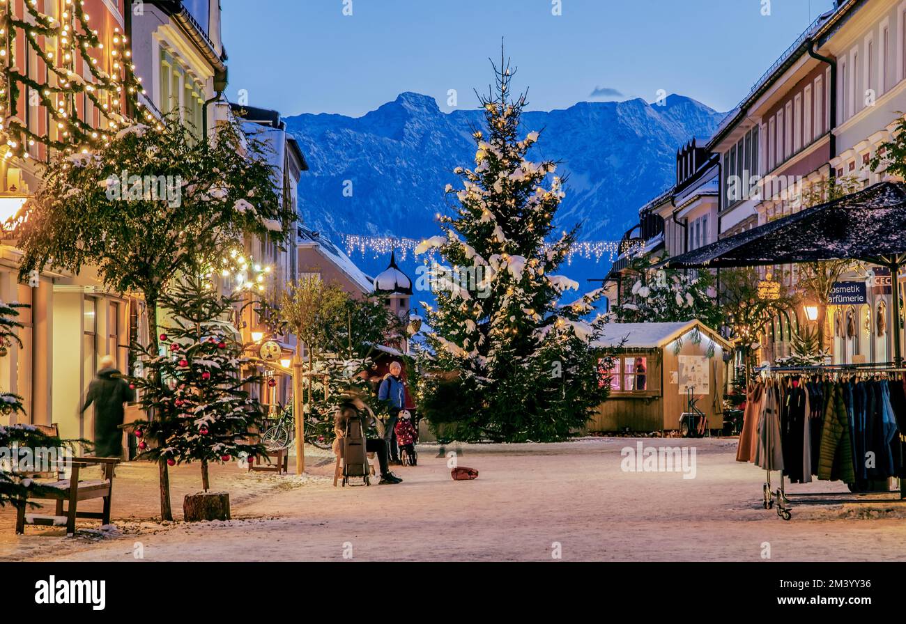 Winter Obermarkt in the snow with Christmas tree and Christmas lights ...