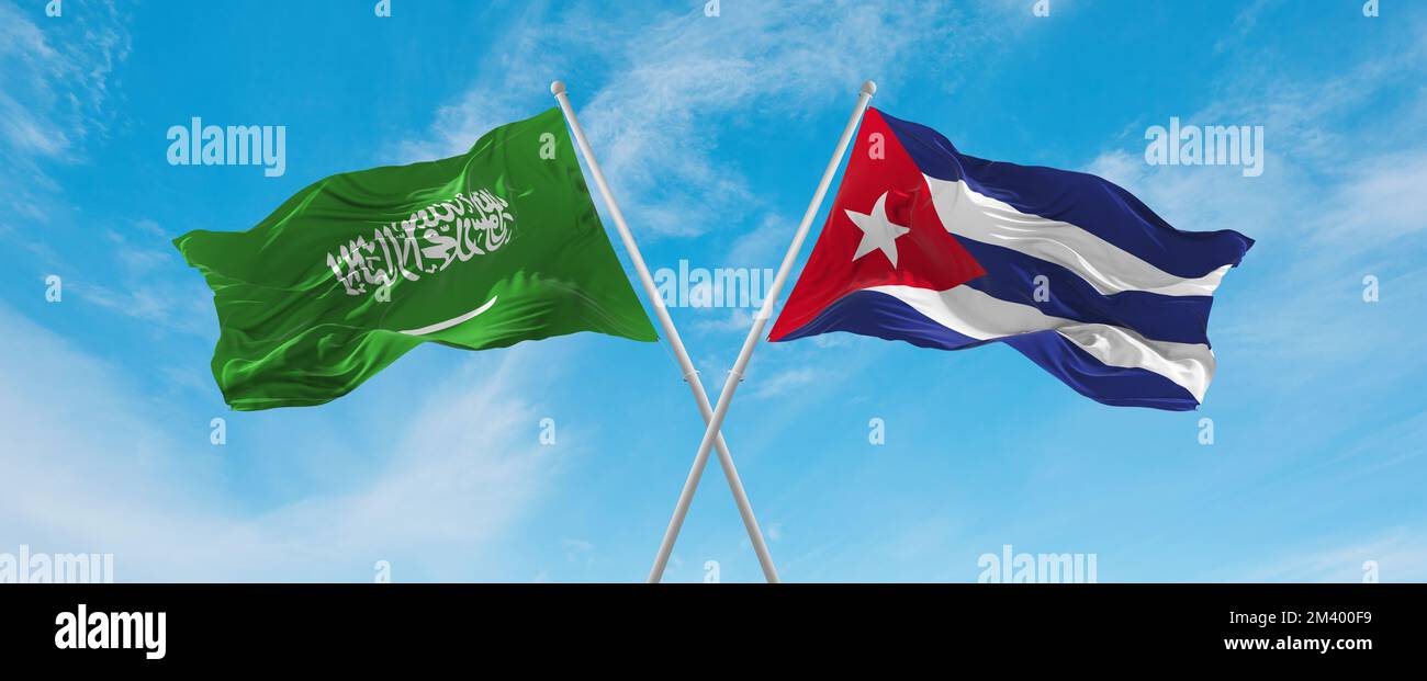 two crossed flags Cuba and Saudi Arabia waving in wind at cloudy sky. Concept of relationship ...