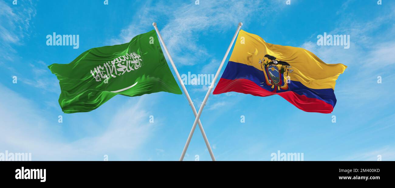 two crossed flags Ecuador and Saudi Arabia waving in wind at cloudy sky ...