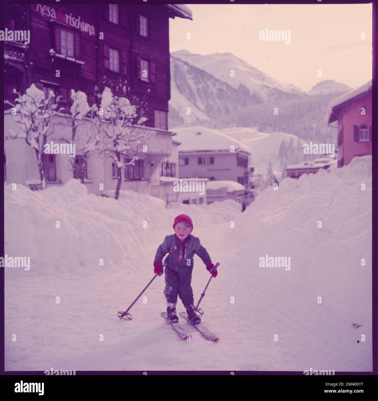 Street Scene in Klosters with Chesa Grischuna hotel, Toni Frissell ...