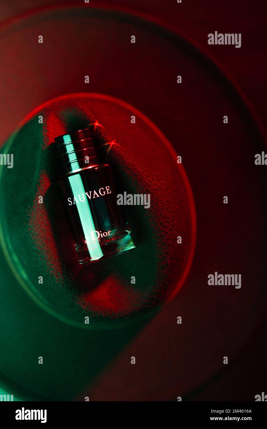 A vertical flat lay of Dior Sauvage Cologne against the leather ...