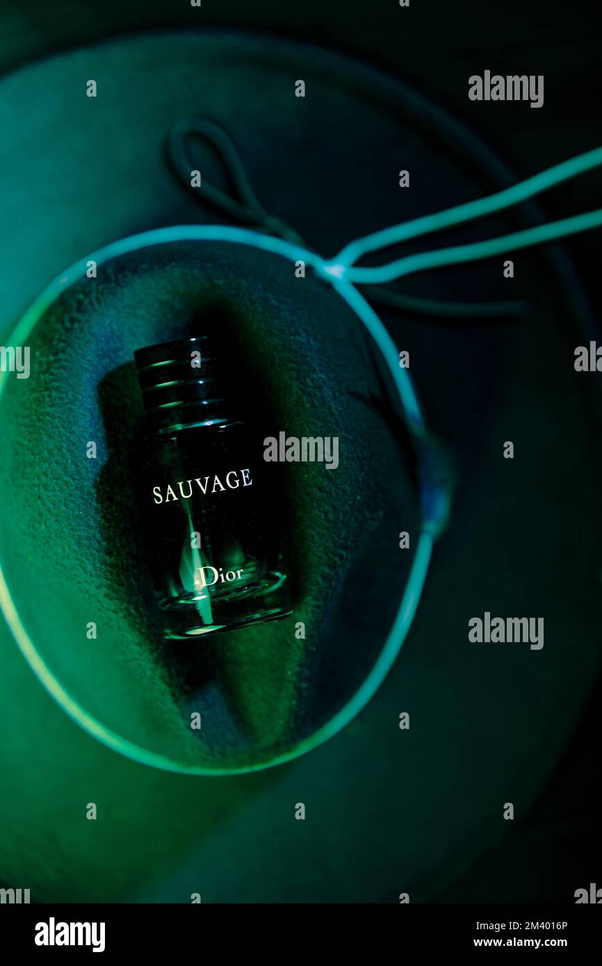 A vertical flat lay of Dior Sauvage Cologne against the leather ...