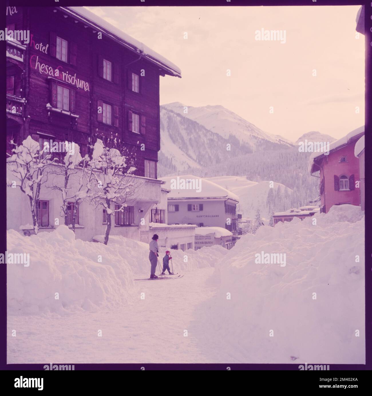 Street Scene in Klosters with Chesa Grischuna hotel, Toni Frissell ...