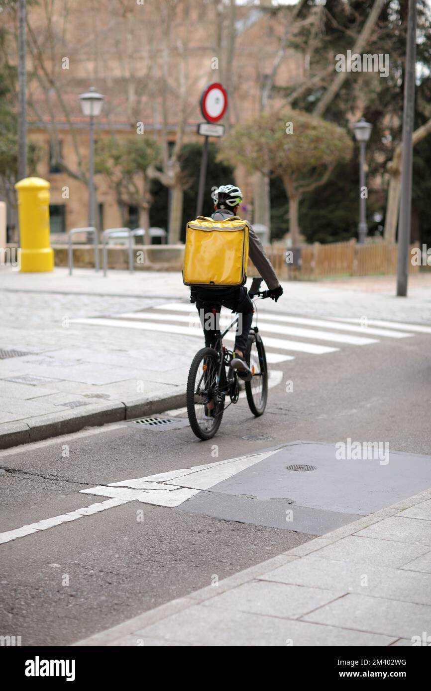 Food and grocery delivery. The bicycle courier, with a yellow thermo ...