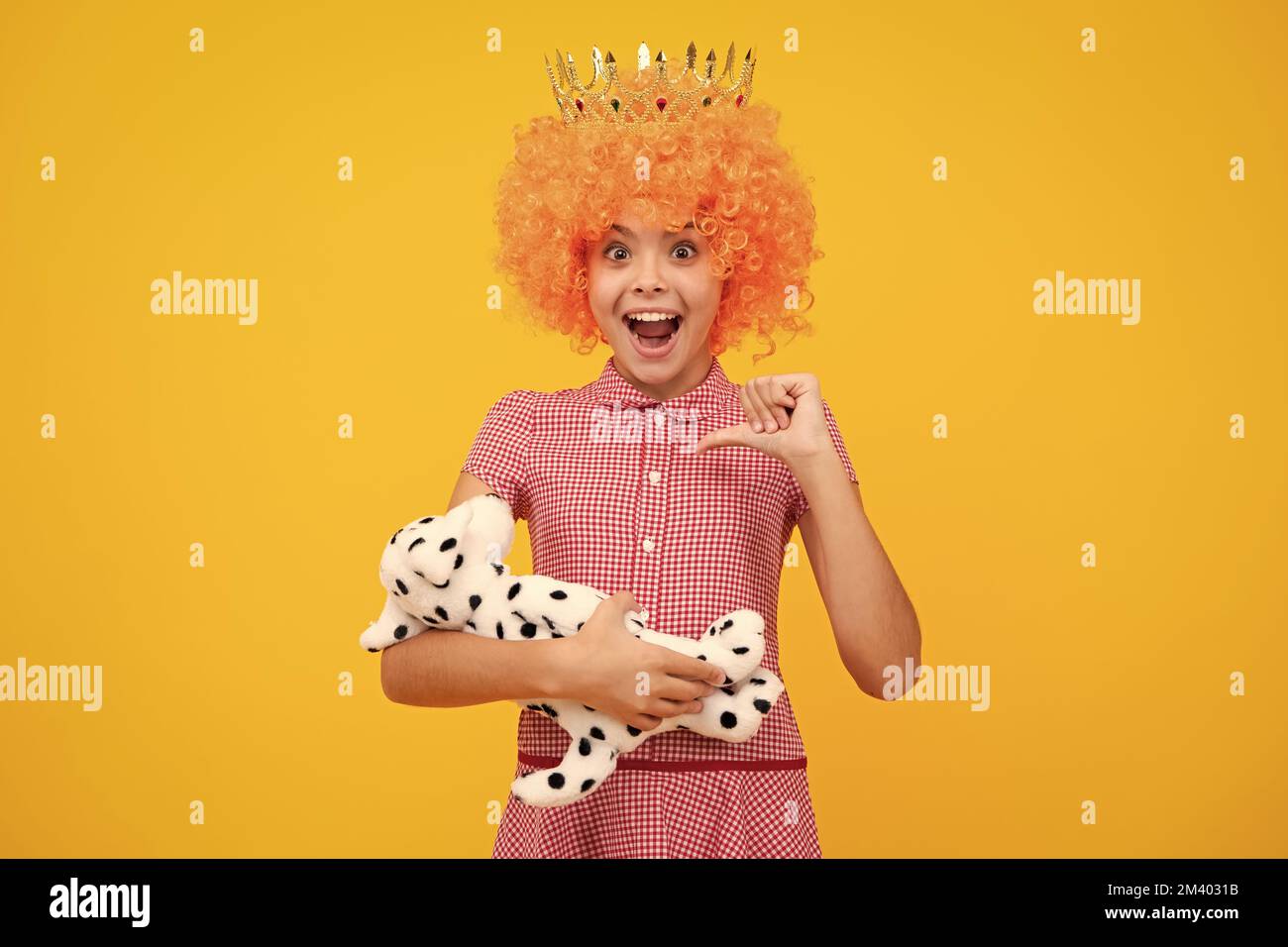 Amazed teen girl in fancy clown wig. Teenager princess child celebrates ...