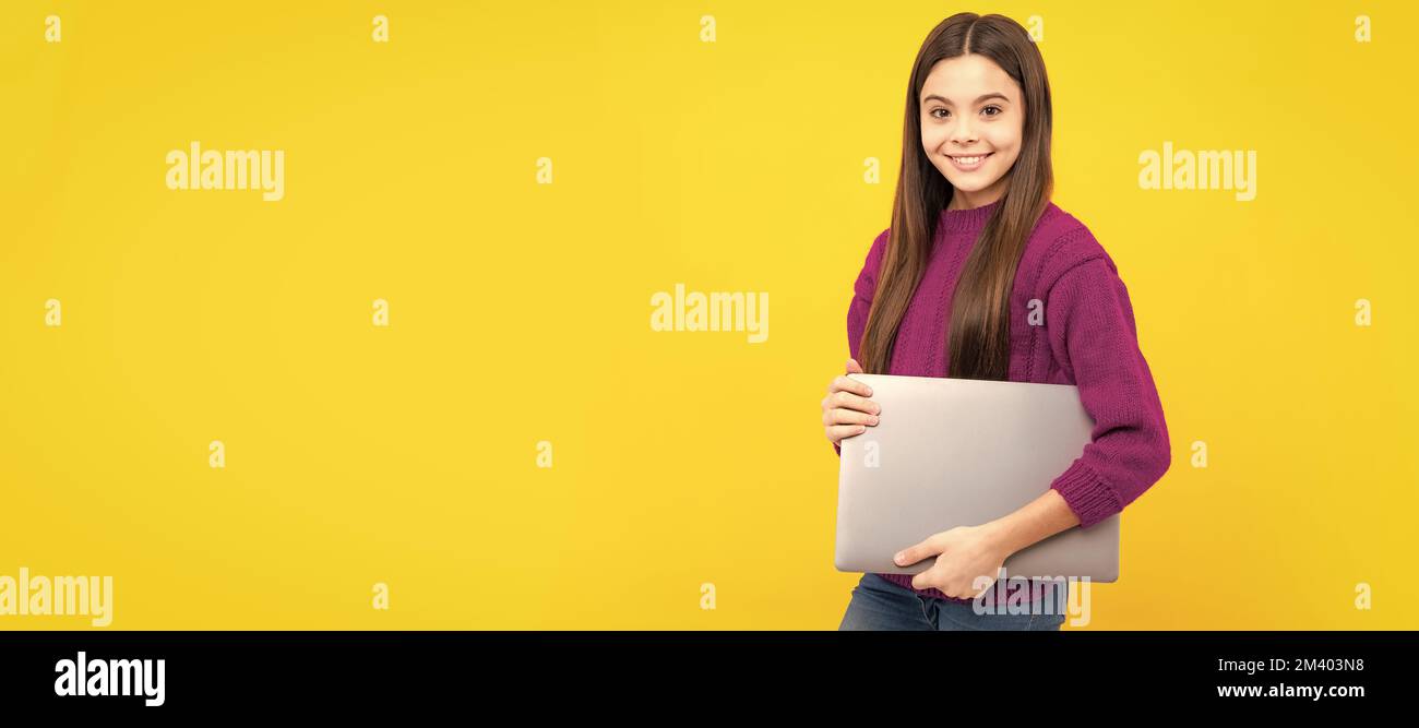 Young student school girl, studying with laptop computer. E-learning ...