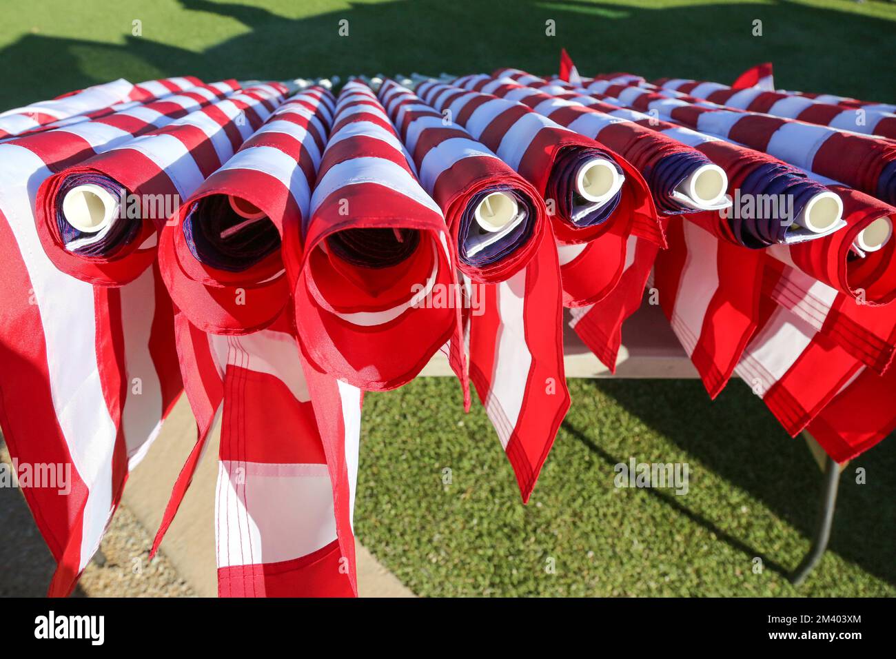 A row of flags that will be used as a backdrop during the ceremony ...