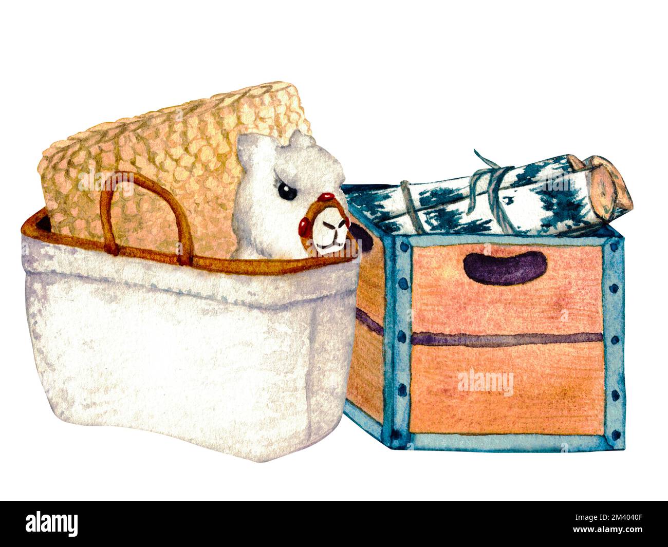 Wooden box. Firewood. Watercolor illustration interior of living room ...