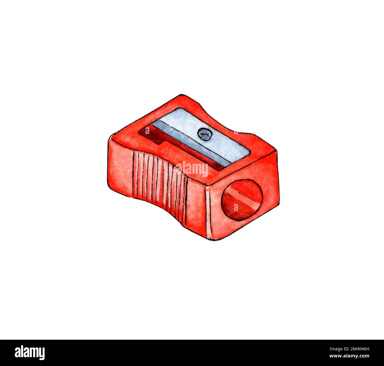 Watercolor illustration of a red pencil sharpener. "Back to School ...