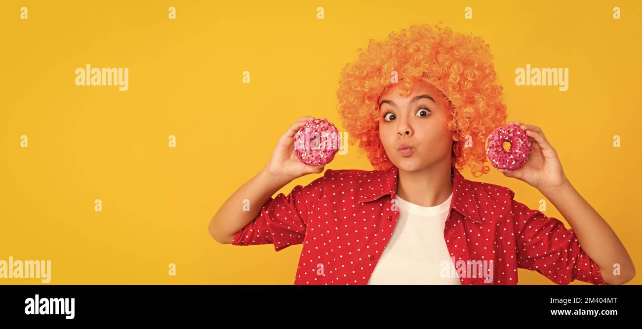 fancy kid with glazed doughnut calories. food and dessert. donut bakery ...