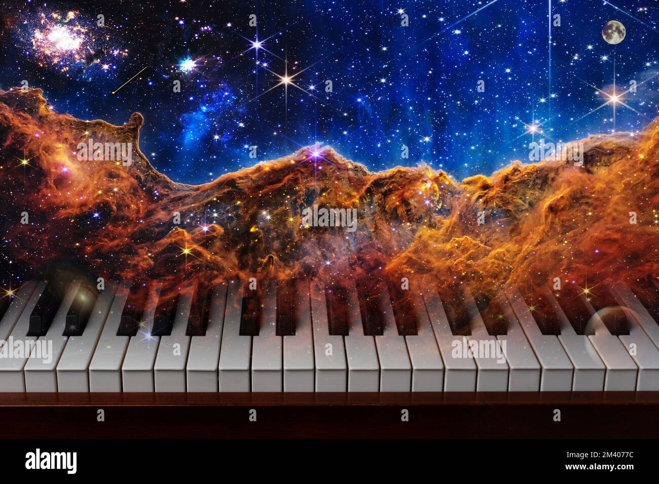 Space And Time Through Music, the universe and piano keyboard concept ...