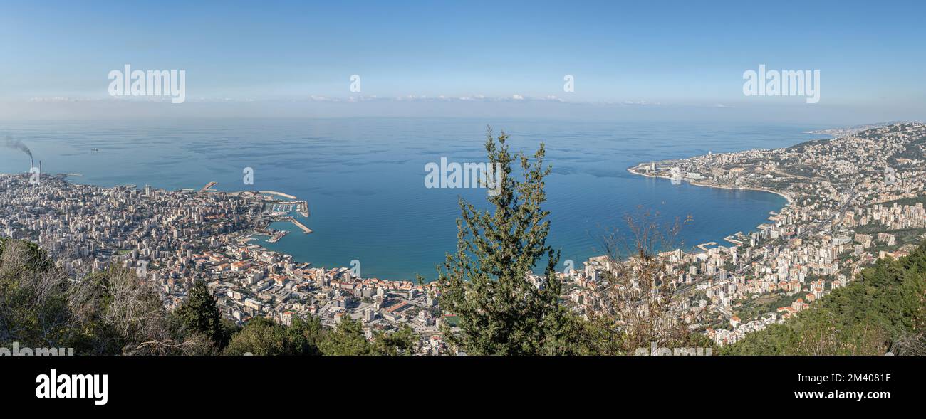 Aerial panoramic view to Jounieh city and bay from Harissa mountain ...