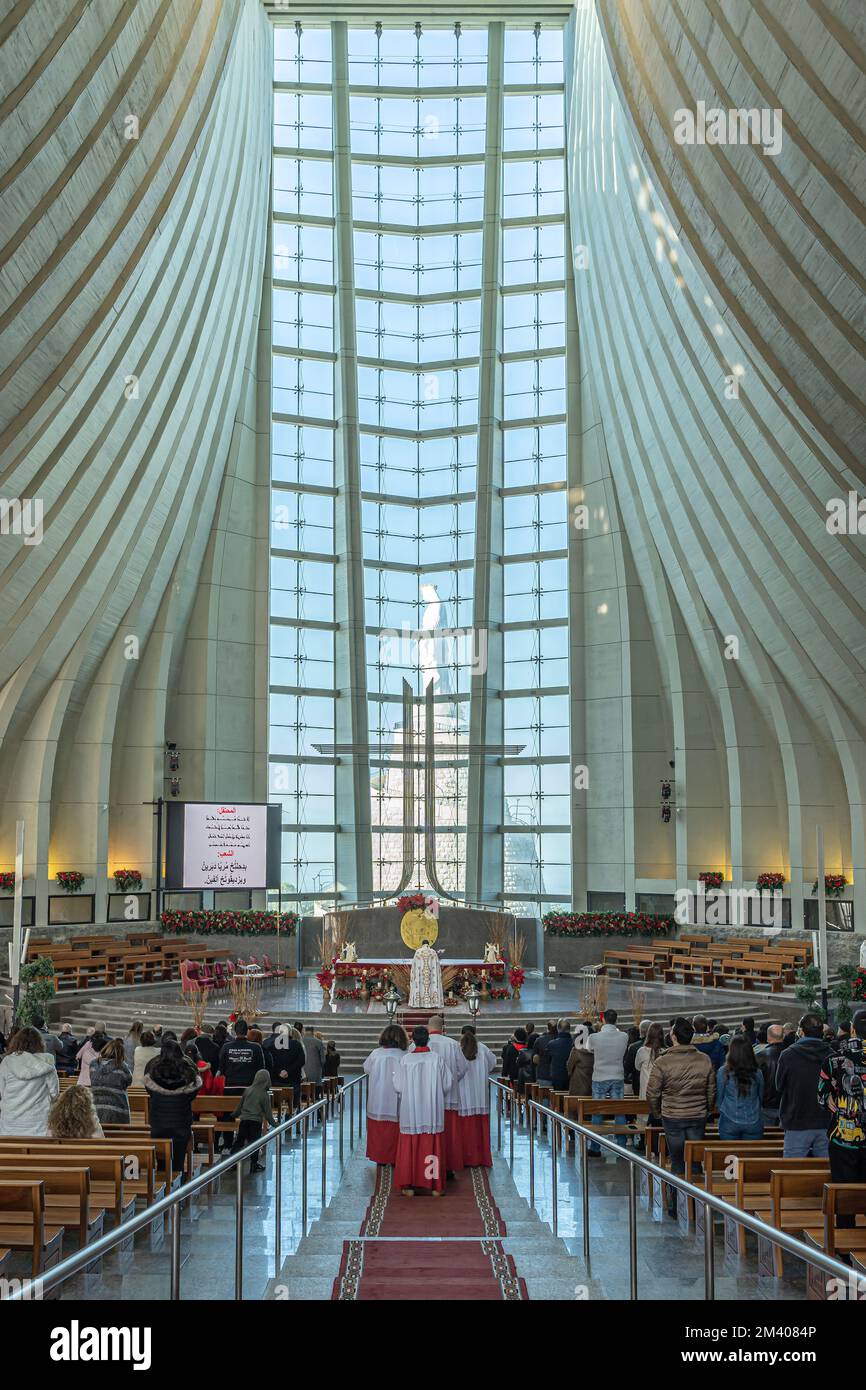 Interior of the Maronite cathedral, Lady of Lebanon, Harissa, Lebanon ...