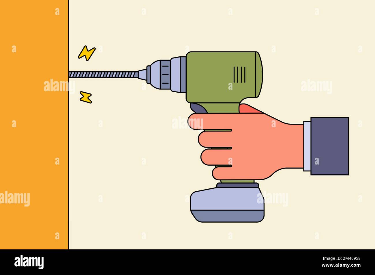 a hand holds a drill and twists a bolt into a tree. construction tool ...