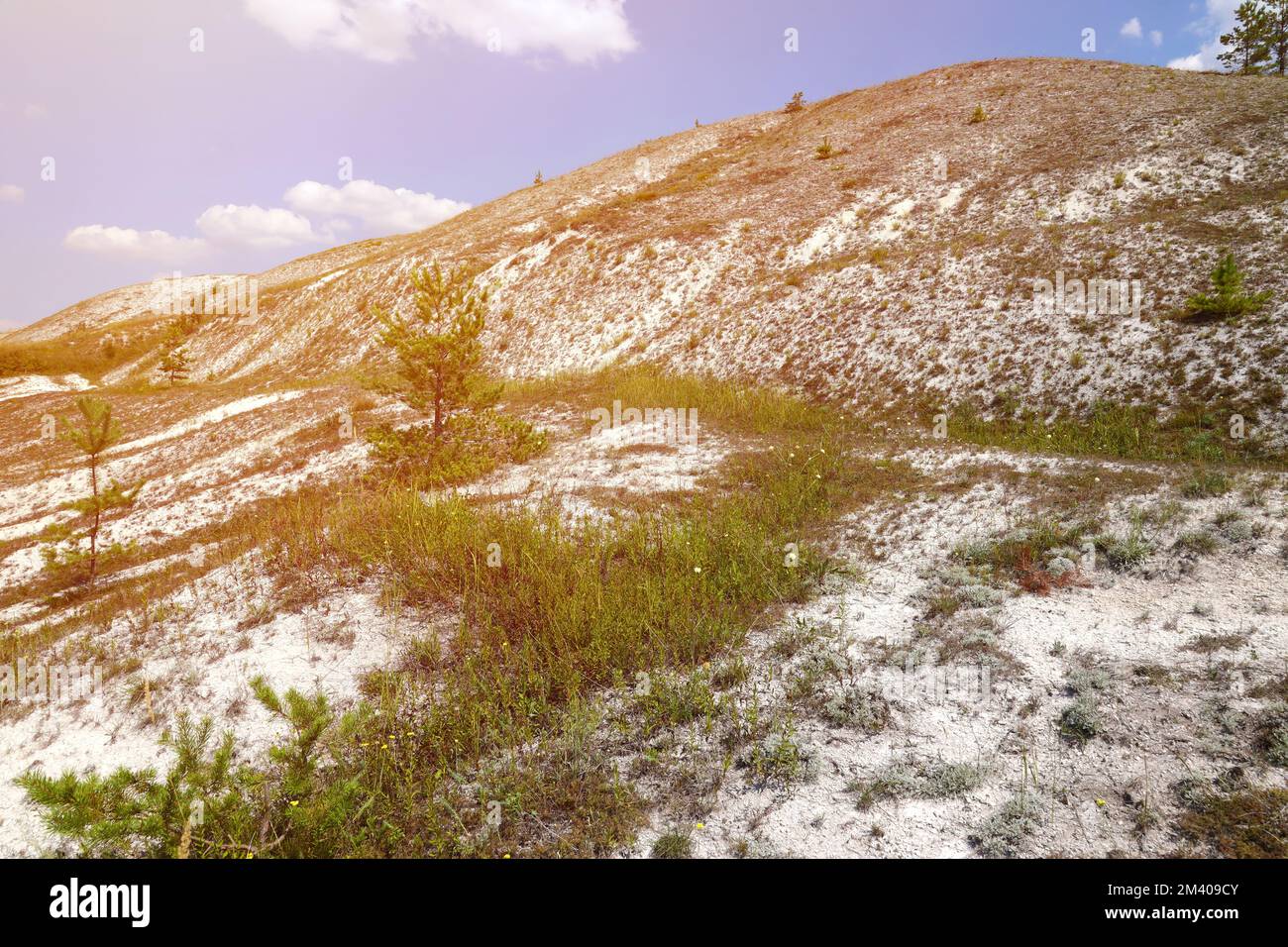 Ancient multimillion chalk mountains on the steppe surface of earth ...