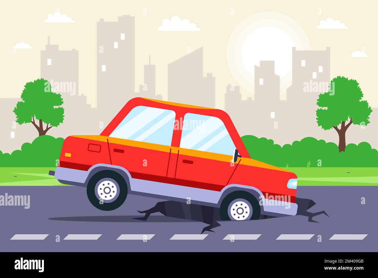 the car got into a pothole on the highway. bad roads. flat vector ...