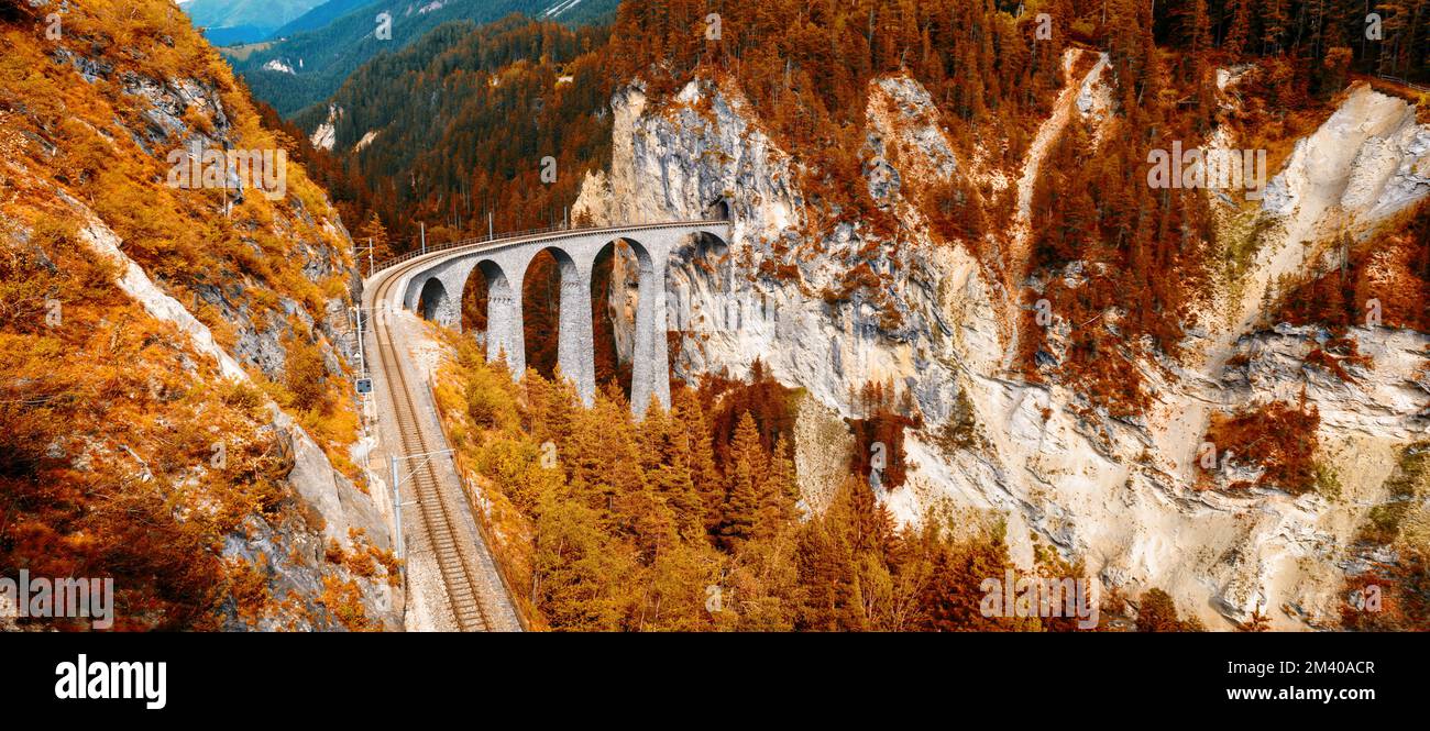 Landwasser Viaduct in autumn, Switzerland. Panoramic view of railway in ...