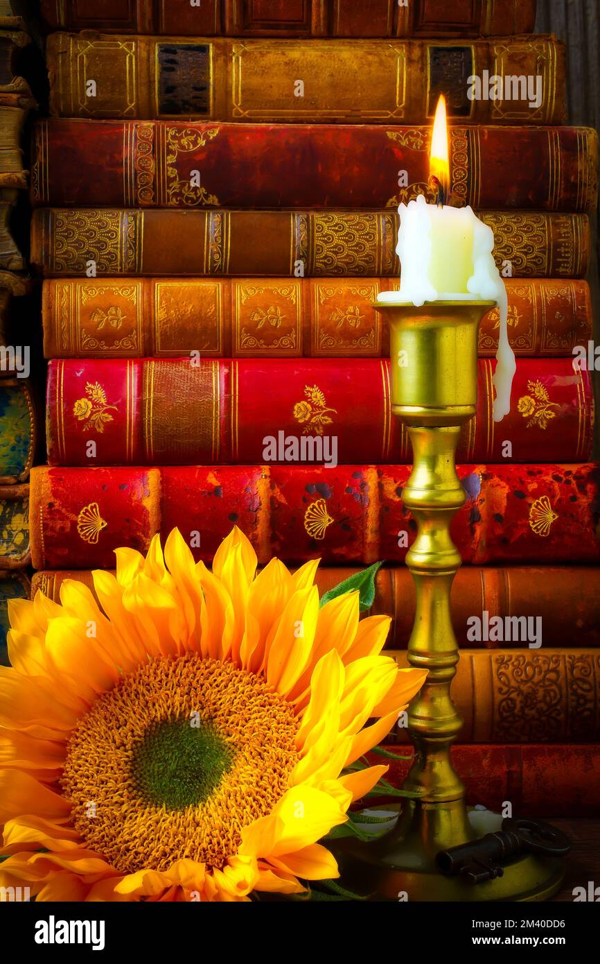 Stacked books and candle hi-res stock photography and images - Alamy