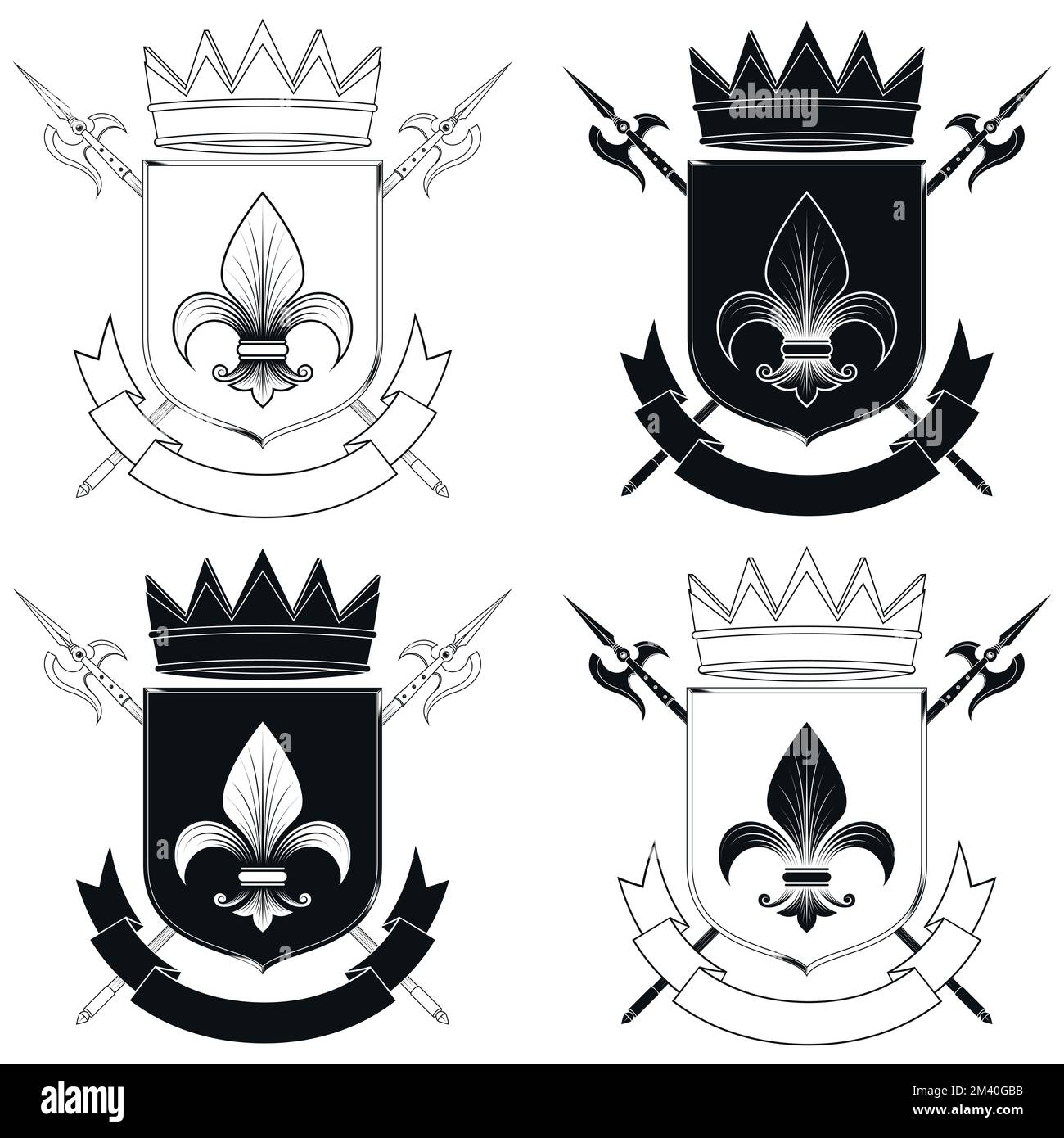 Middle ages heraldic shield vector design, coat of arms with fleur de lis heraldic symbol, with ...