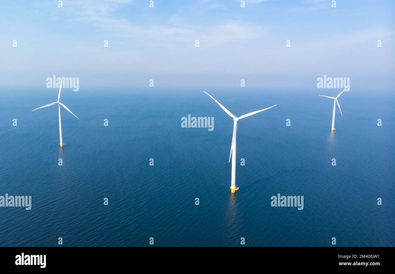 Windmill park with windmill turbines in the Netherlands drone aerial ...