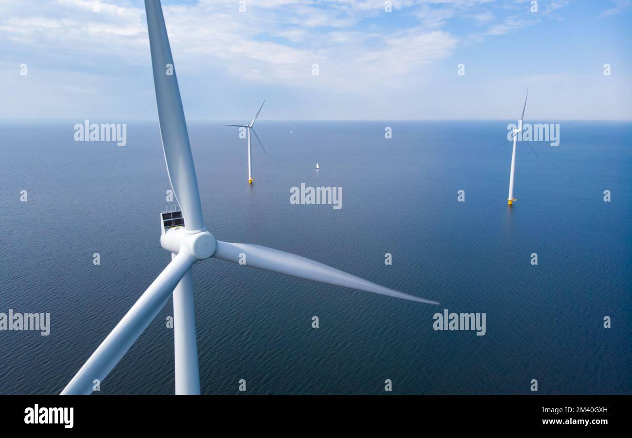 Windmill park with windmill turbines in the Netherlands drone aerial ...