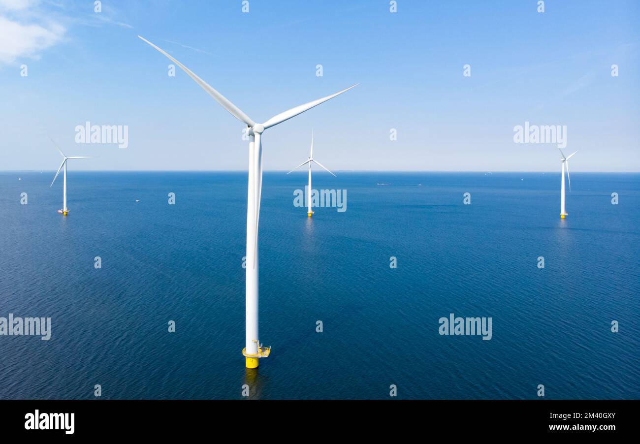Windmill park with windmill turbines in the Netherlands aerial view of ...