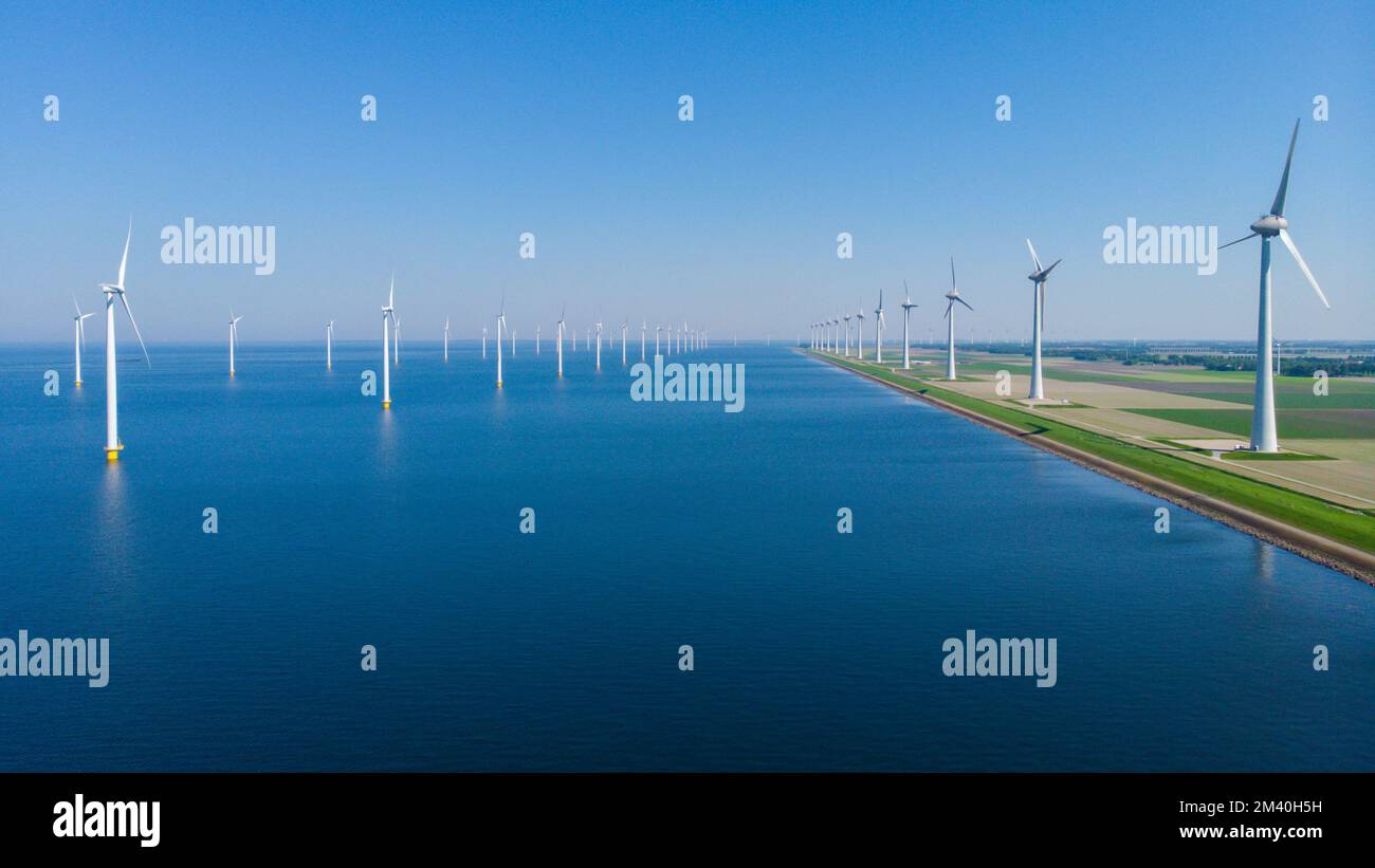 Drone view from above at Windmill park with windmill turbines in the ...