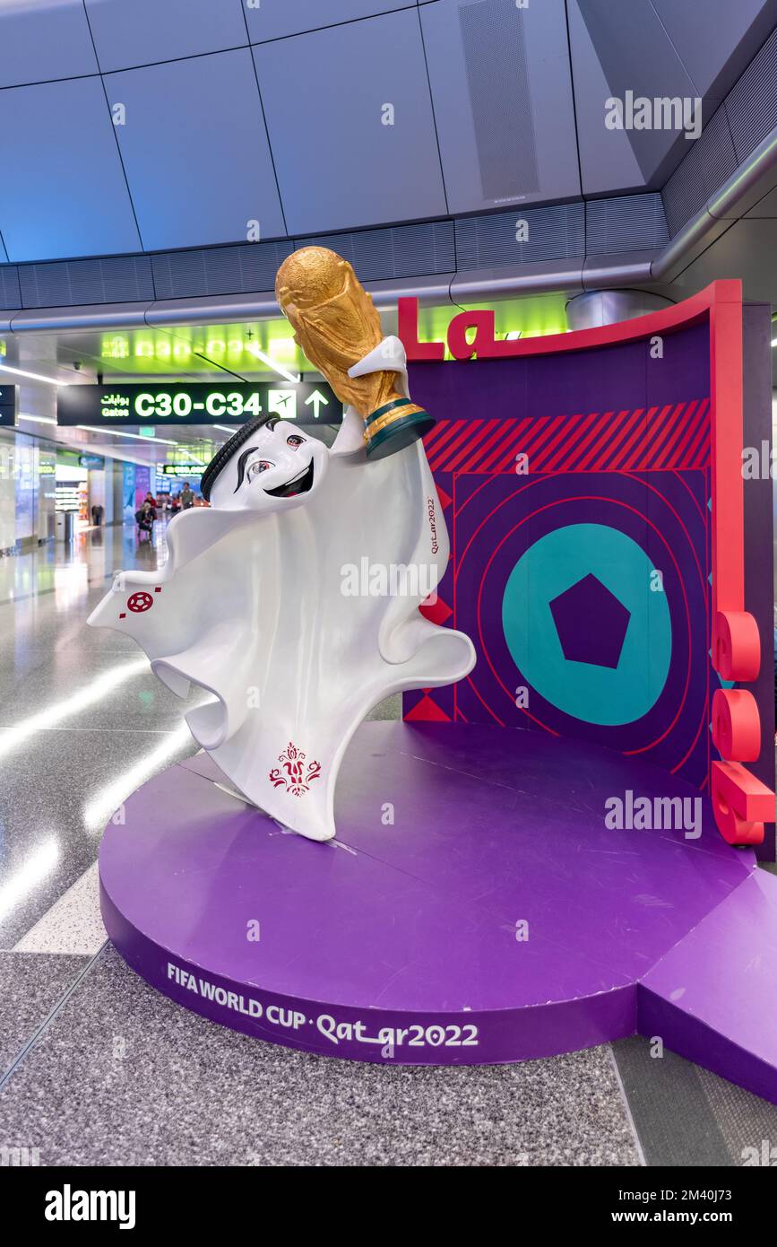 La'eeb official mascot for the Qatar 2022 World Cup displayed at the Hamad International Airport ...