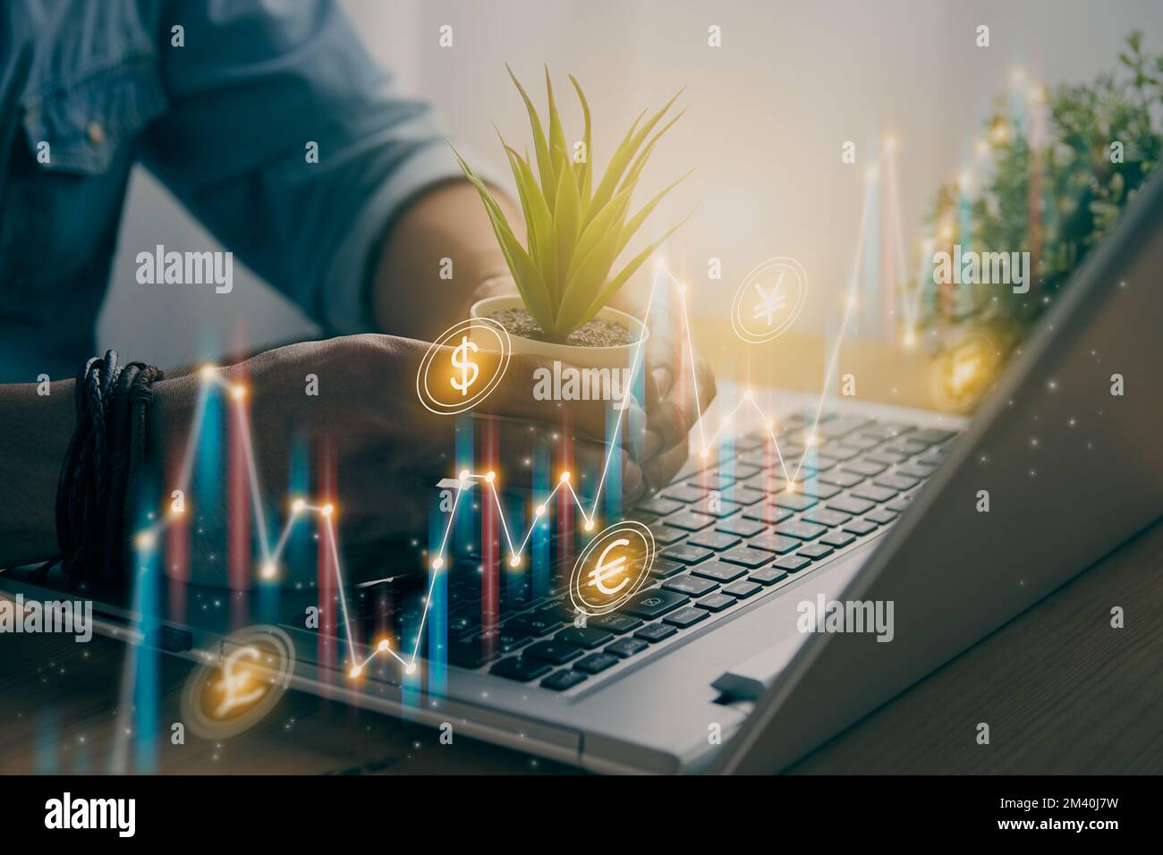 Casual Businessman Hold Office Plants with Color Slant Currency Sign ...